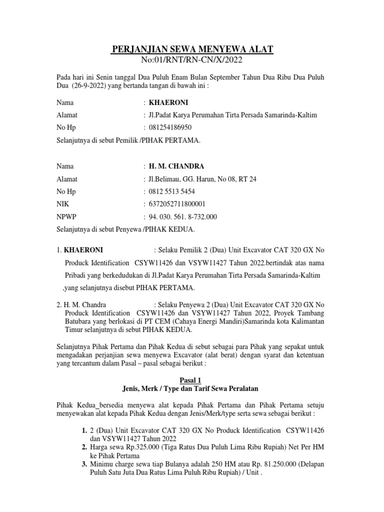 Draft Kontrak Sewa Alat Berat 2021 RA-cem | PDF