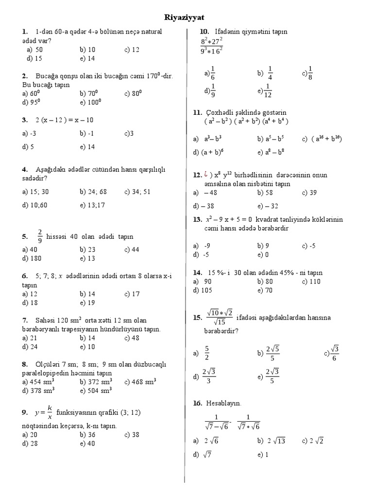 Riyaziyyat 000 | PDF