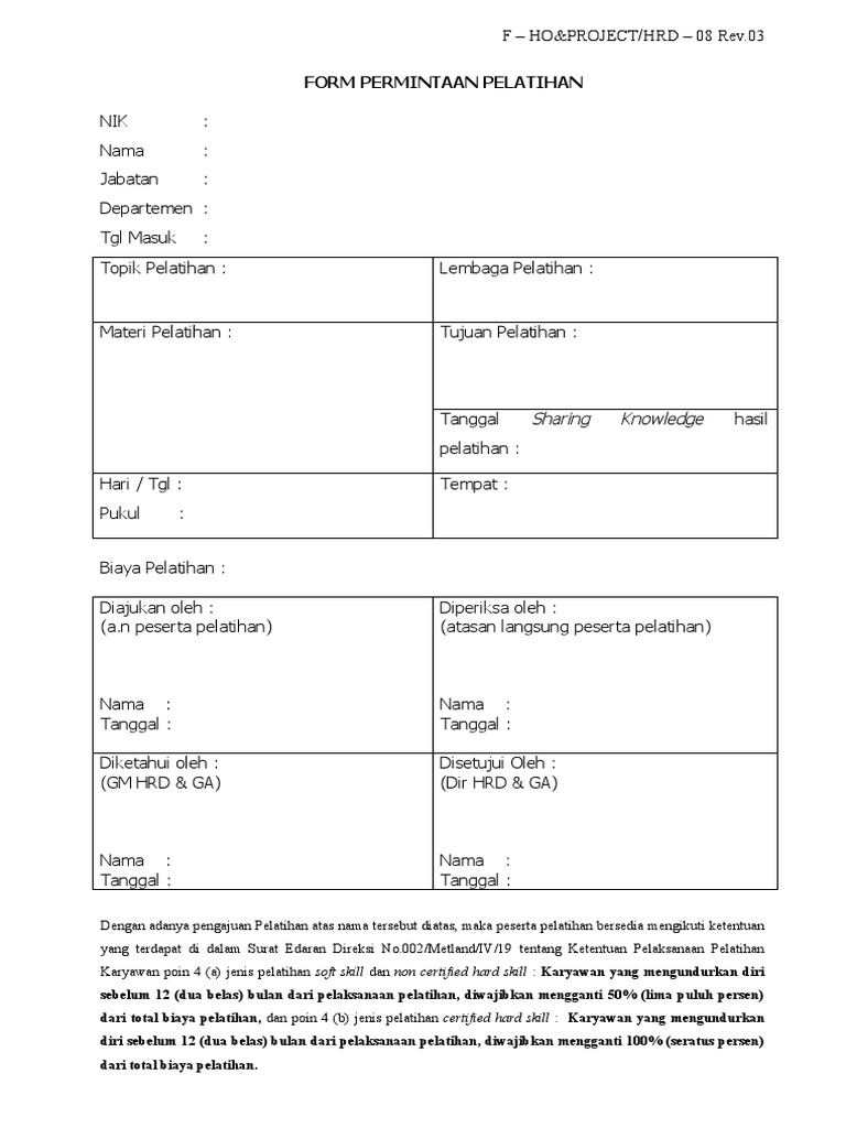 F HOPROJECT HRD 08 Rev.03 Form Permintaan Pelatihan Rev.03 | PDF