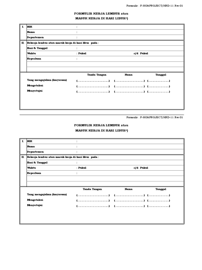 Formulir Permohonan Kerja Lembur atau Masuk Kerja di Hari Libur | PDF