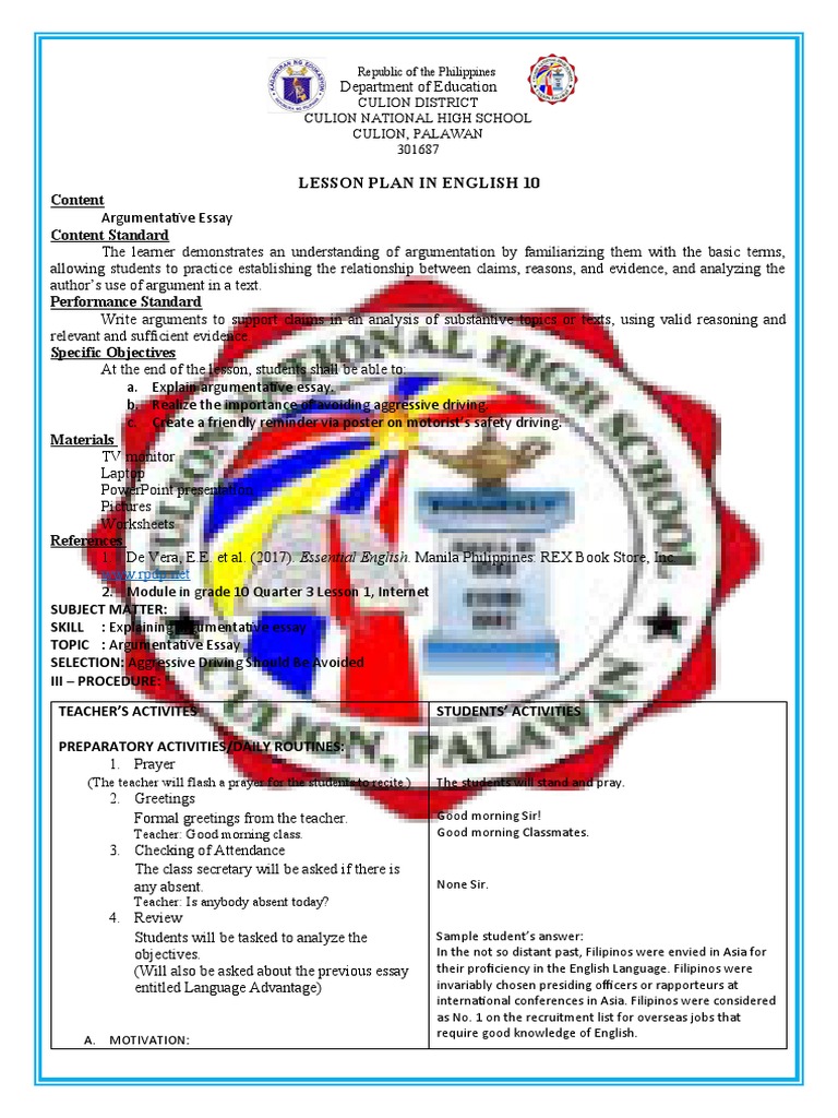 Lesson Plan in Argumentative Essay 2nd Cot | PDF | Essays | Teachers