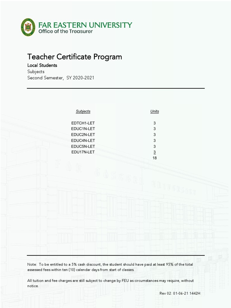 FEU Teacher Certificate Program Tuition Fee | PDF