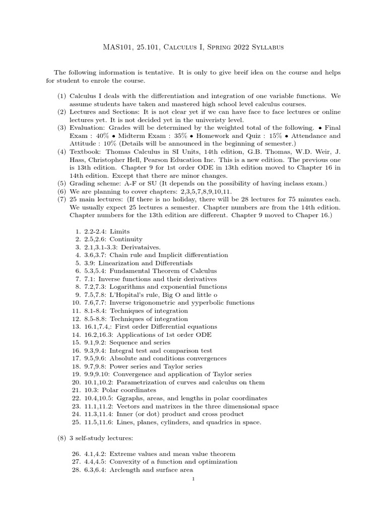 Syllabus Calculus Pdf Integral Function Mathematics