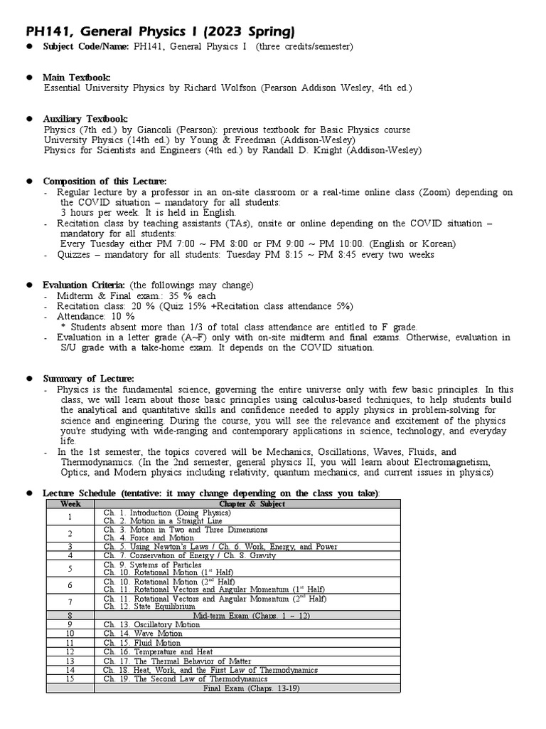 Syllabus - Physics 1 | PDF | Momentum | Physics