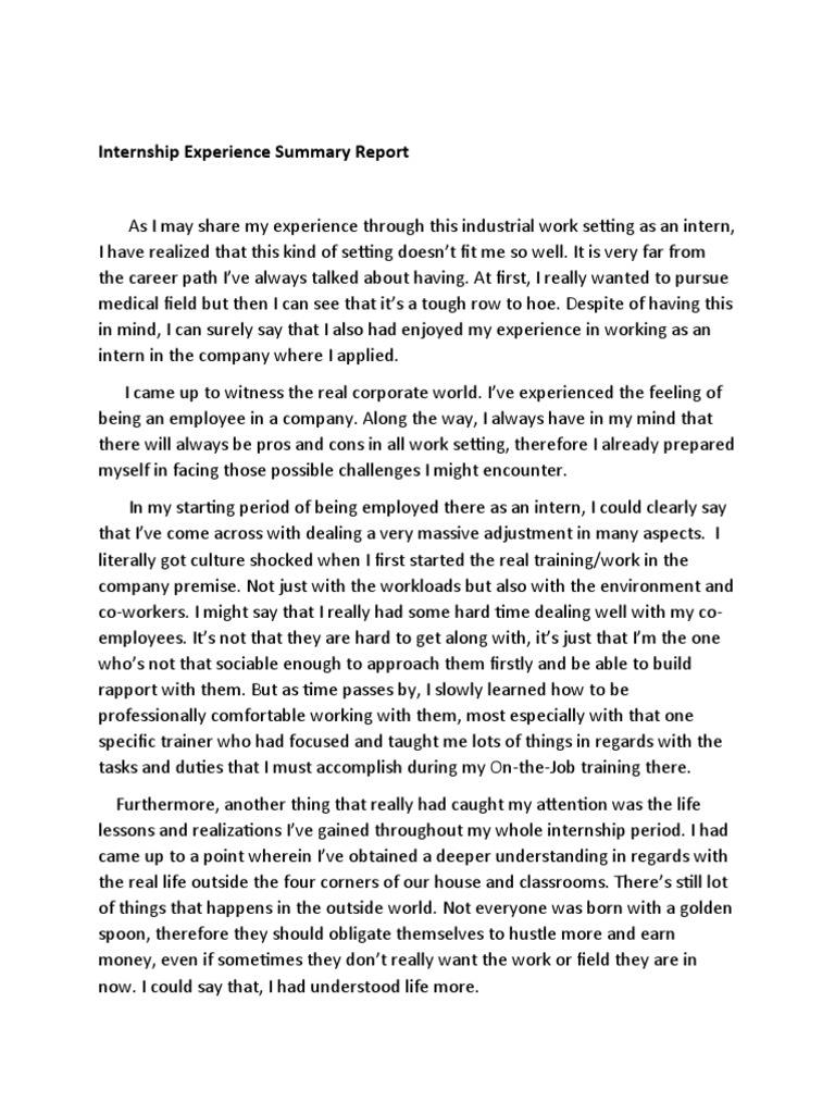 Internship Experience Summary Report | PDF | Internship | Job Hunting