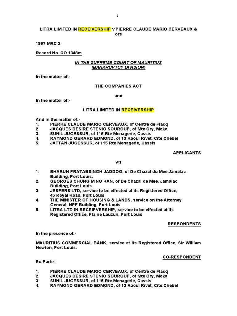 Litra Limited Receivership V Pierre Claude Mario Cerveaux and Ors 1997 ...