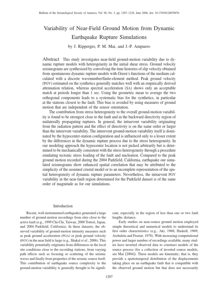 Ripperger Et Al. 2008 (Variability of Near-Field Ground Motion From ...