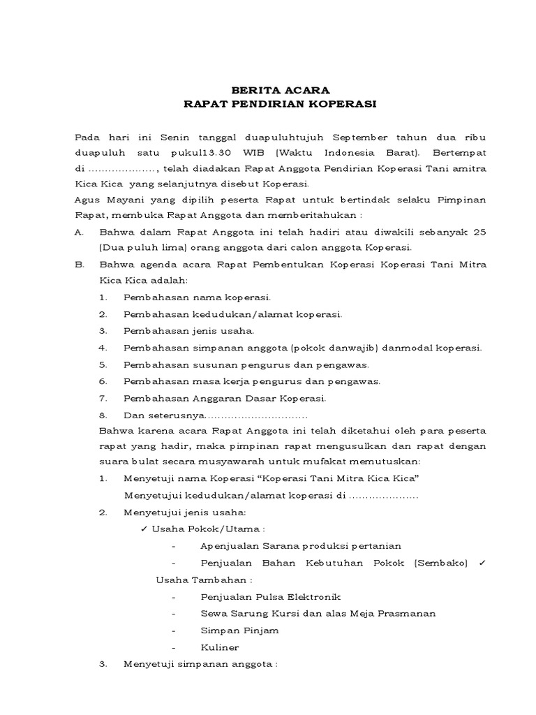 Berita Acara Pembentukan Koperasi | PDF