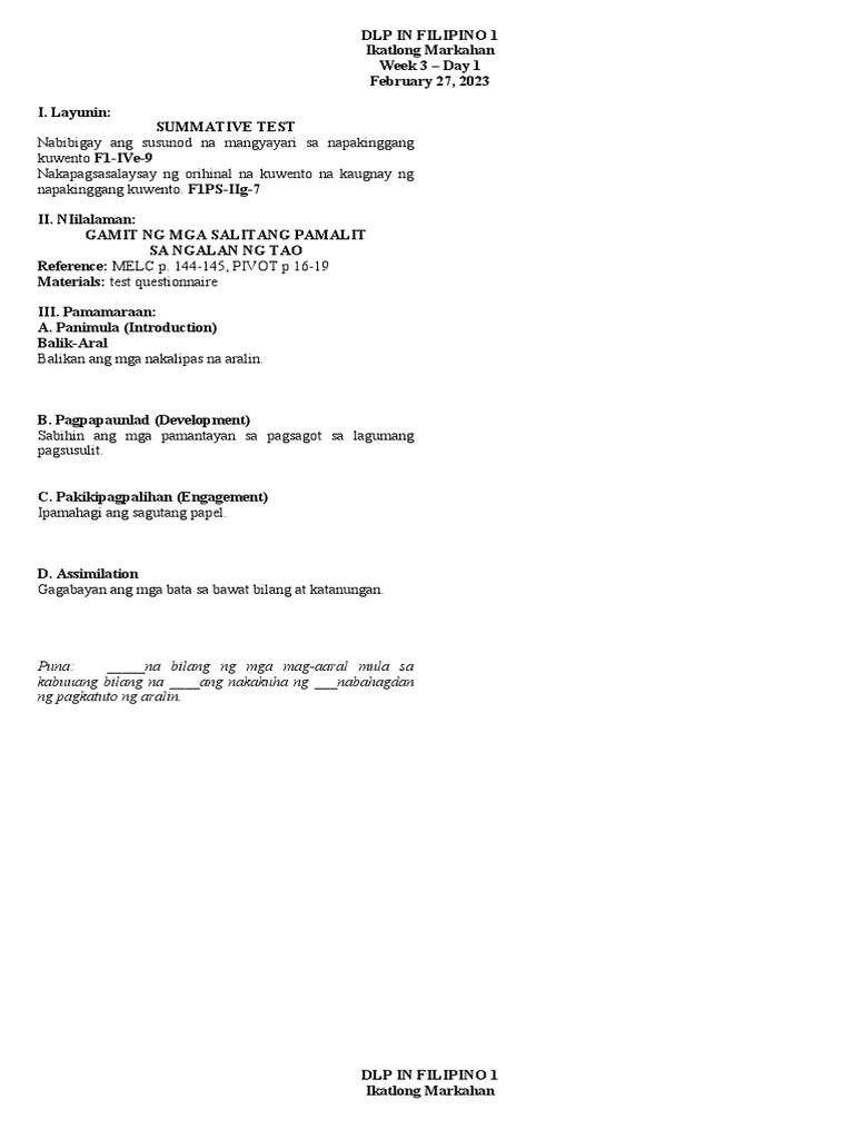 Q3 DLP Filipino1 Week3 Feb27 Mar3,2023 | PDF