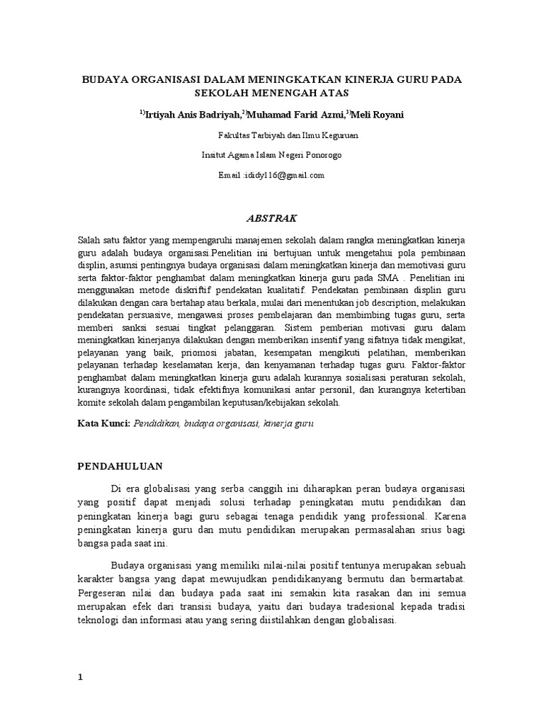 Budaya Organisasi Dalam Meningkatkan Kinerja Guru Pada Sekolah Menengah Atas | PDF | Karier ...