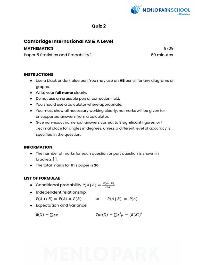 Statistics1 Quiz2 | PDF | Variance | Random Variable