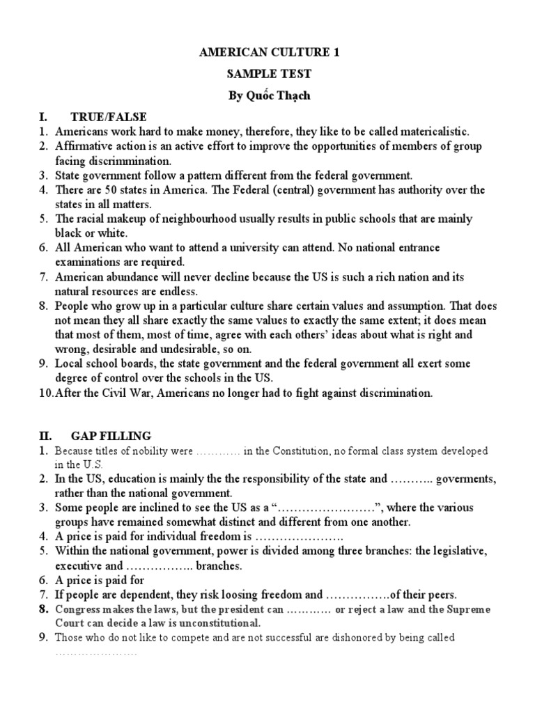 American Culture Quiz and Test | PDF | The United States | United ...