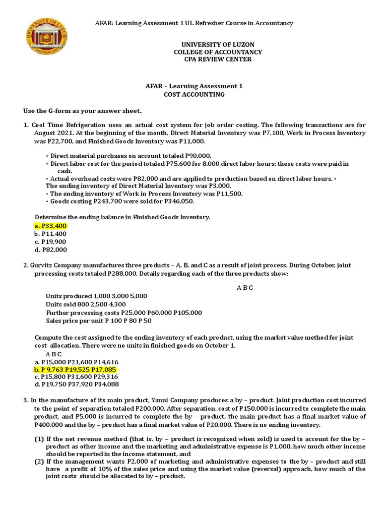 AFAR-Learning Assessment 1-Cost Accounting-For Posting | Download Free ...
