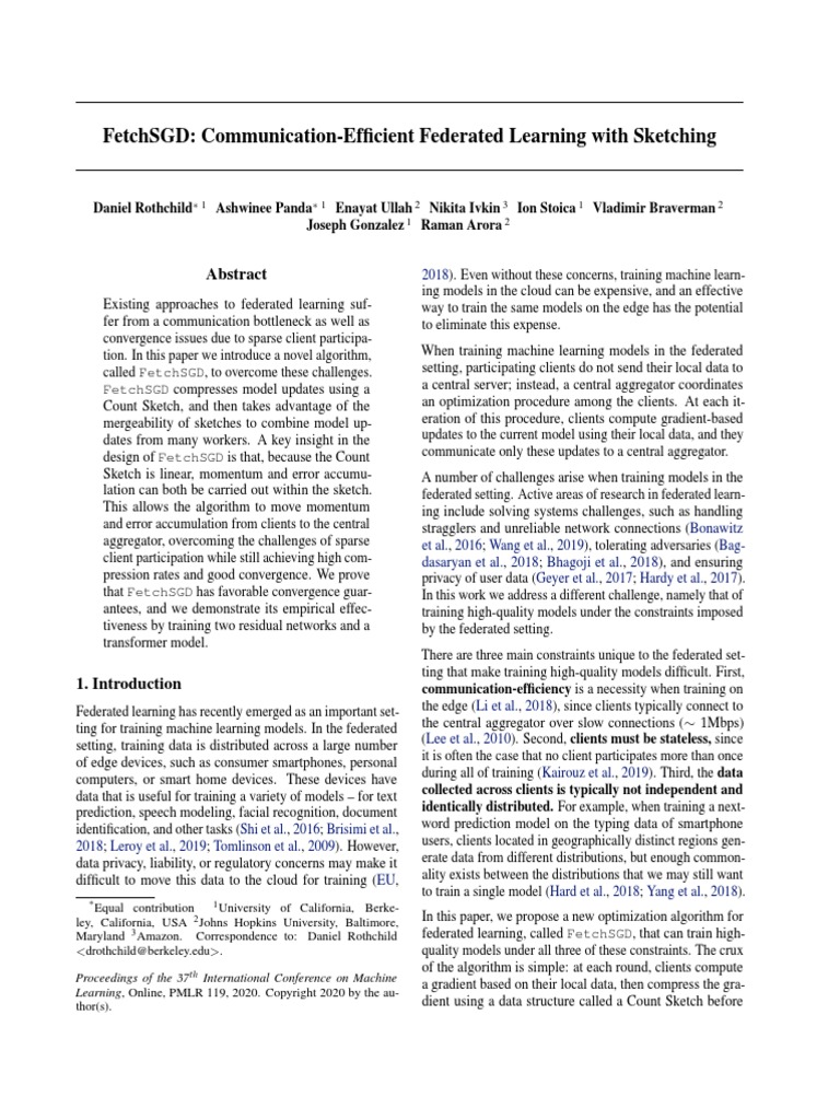 带有草图的联邦学习高效通信fetchsgd Communication Efficient Federated Learning With Sketching Pdf