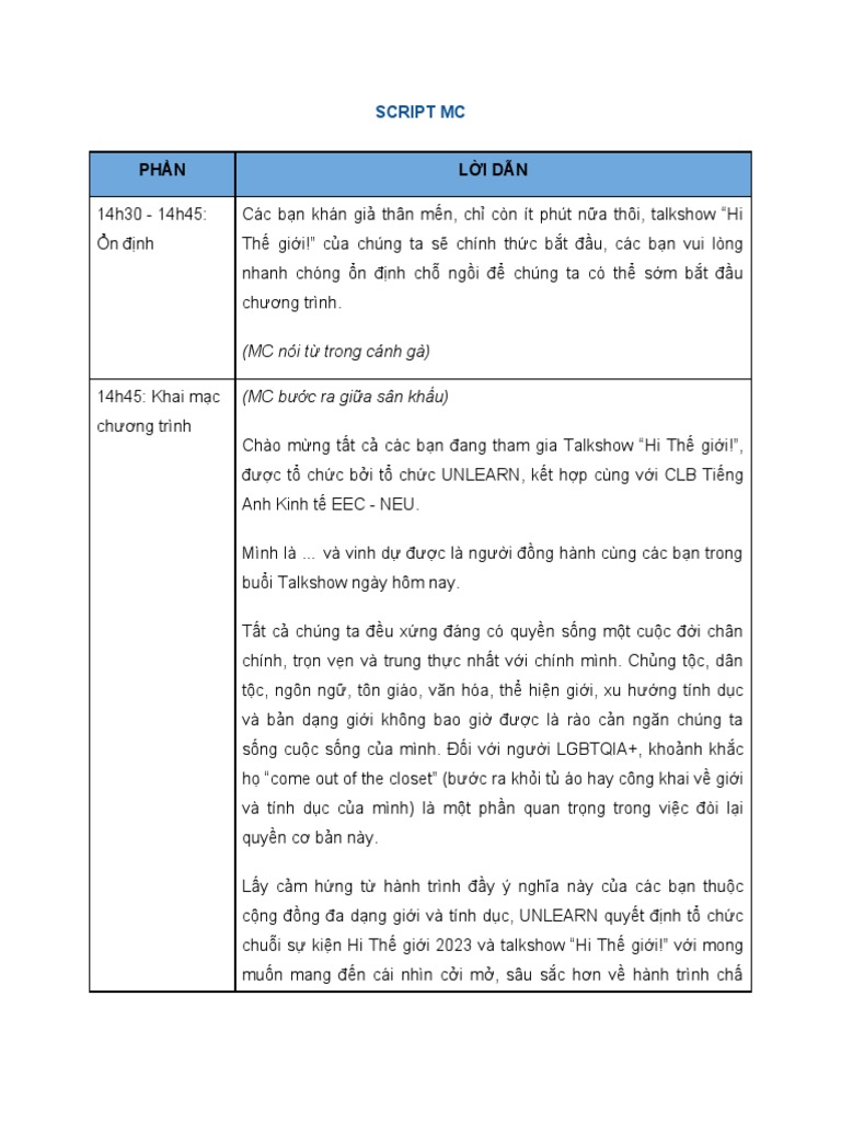 (Hi Thế giới 2023) MC SCRIPT TALKSHOW - Hi Thế giới! | PDF
