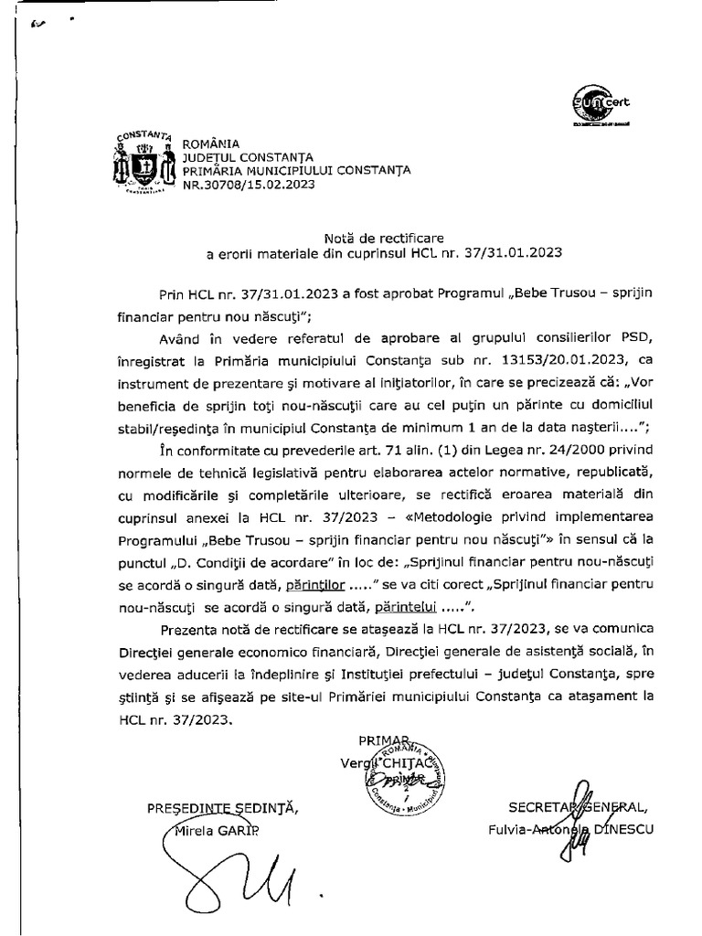 Nota de Rectificare HCL NR 37 31 01 2023 | PDF