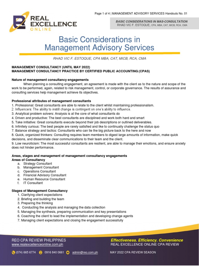 Basic Considerations in Management Advisory Services: Rhad Vic F ...