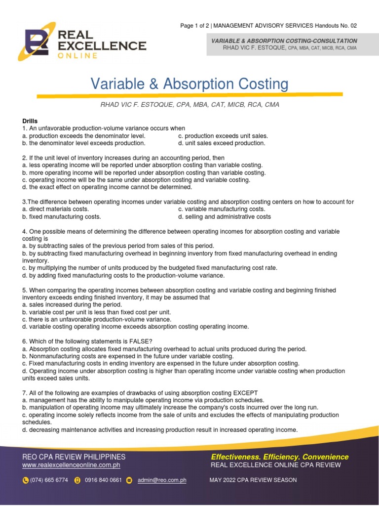 Comparing Variable and Absorption Costing: A Guide to Key Concepts and Practice Questions | PDF ...