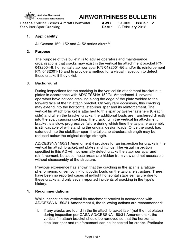 Airworthiness Bulletin 51 003 Cessna 150 152 Series Aircraft Horizontal ...