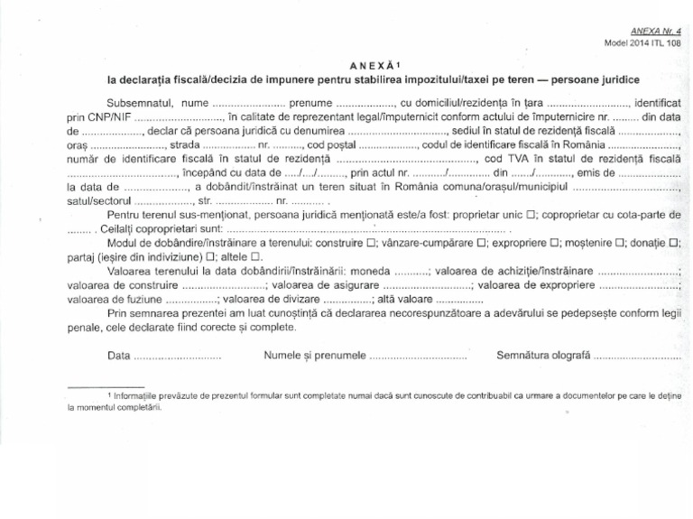 Anexa La Decl Fisc Stab Imp Teren PJ Model Itl 108 | PDF