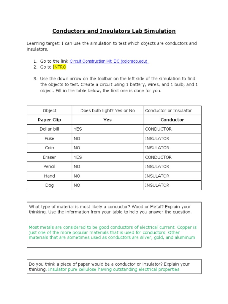 Conductors and Insulators Lab Simulation | PDF | Electrical Conductor ...