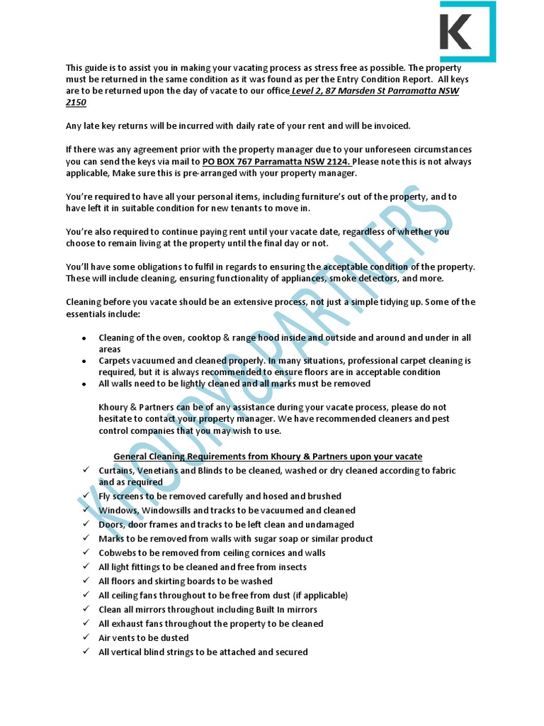 Vacating Checklist for Tenants | PDF | Bathroom | Leasehold Estate