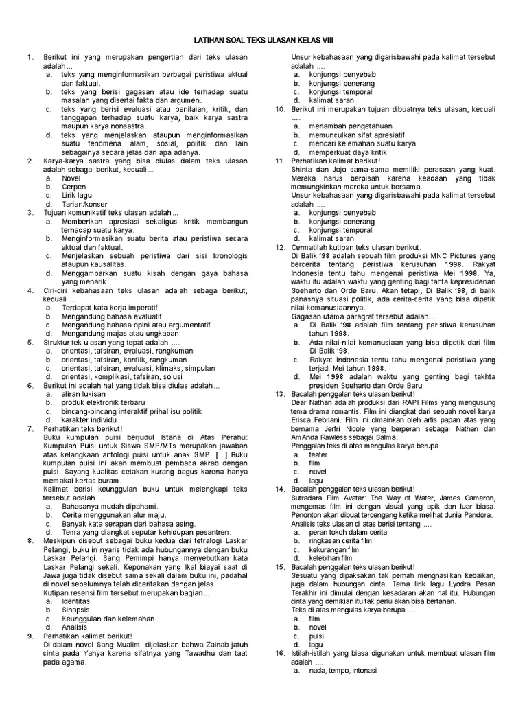 Latihan Soal Teks Ulasan Kelas Viii | PDF