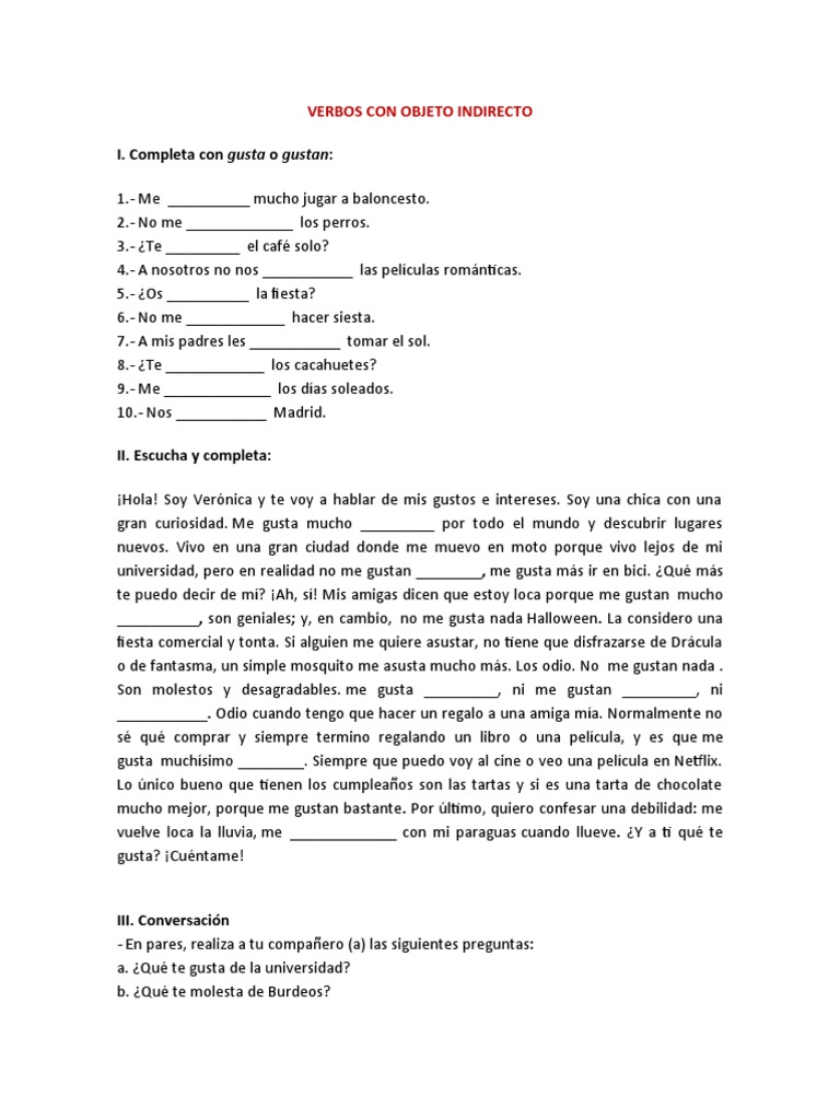 Ejercicios sobre el verbo gustar | PDF | Juegos y actividades