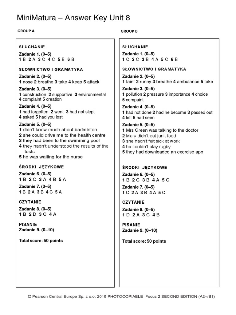Focus 2 2ed MiniMatura Unit 8 ANSWERS | PDF