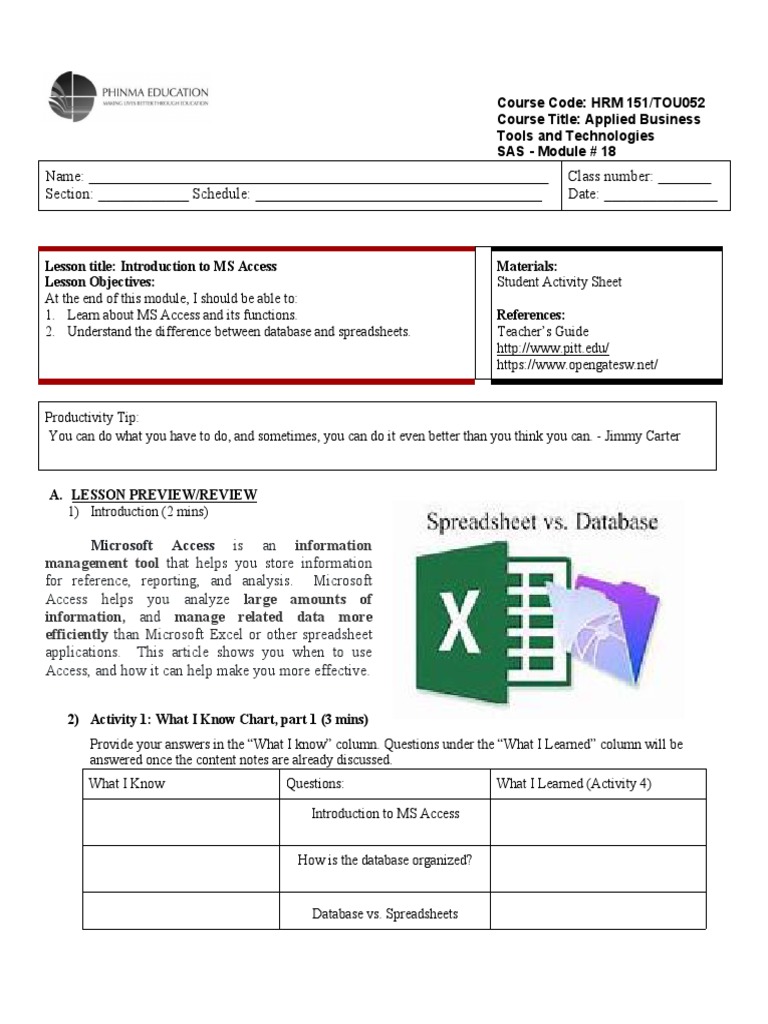 Introduction to Using Microsoft Access: Understanding Databases, Their Structure and Benefits ...
