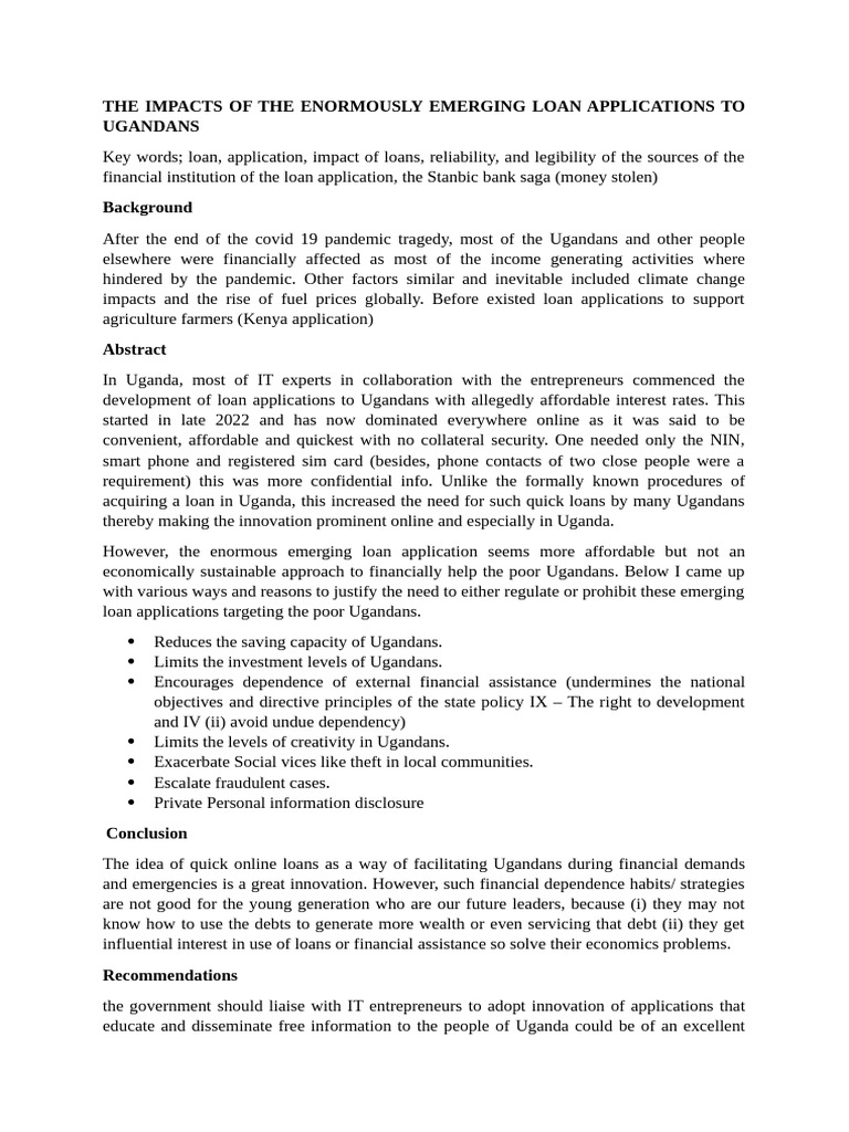 Ivan Odongo - Impacts of Emerging Loan Apps To Ugandans | PDF | Uganda | Economics
