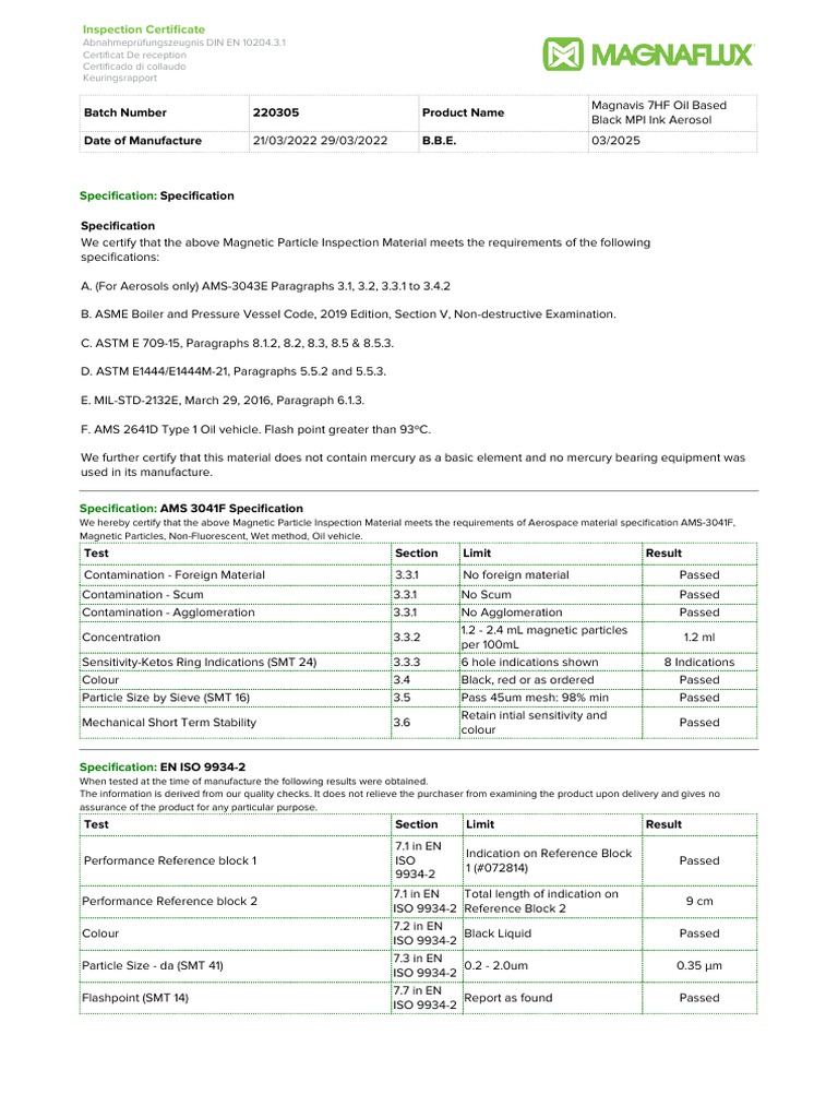 Magnavis 7HF Oil Based Black MPI Ink Aerosol | PDF | Aerosol | Chemistry