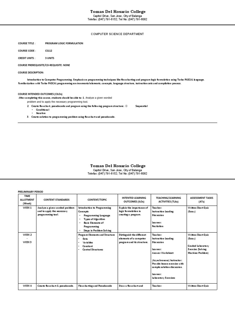 Syllabus - CS112-Program-Logic-Formulation | PDF | Computer Programming | Curriculum