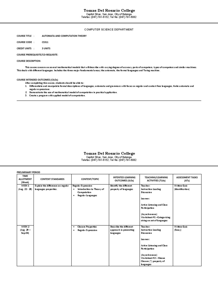 SYLLABUS CS311 Automata and Computation Theory | PDF | Automata Theory ...