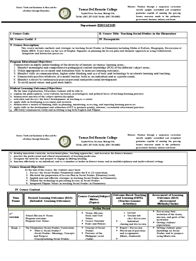 Teaching Social Studies Syllabus Final | PDF | Educational Assessment ...