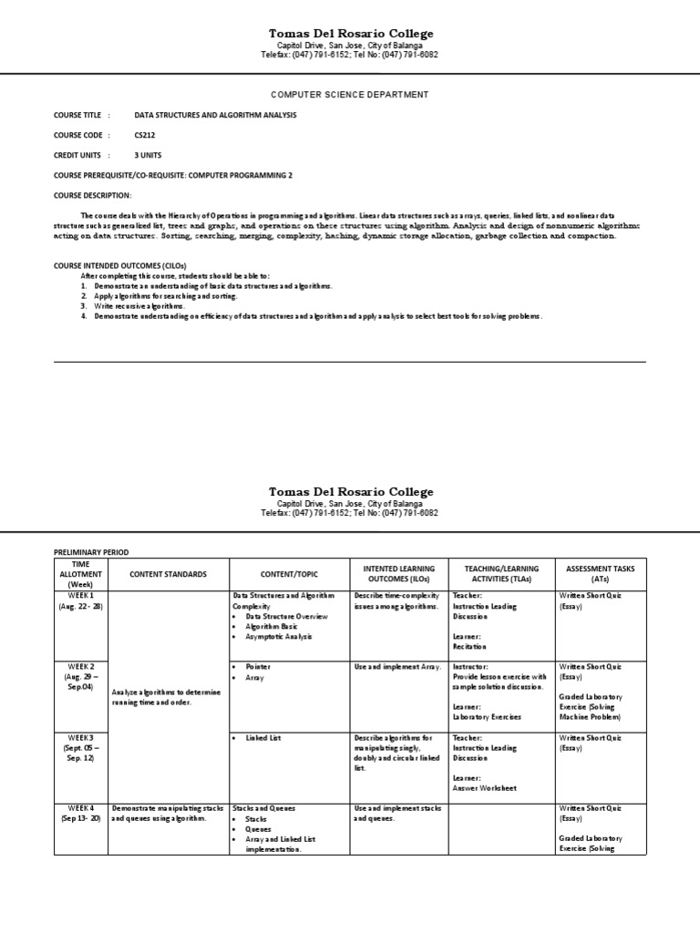 SYLLABUS CS212 Data Structure and Algorithm Analysis | PDF | Algorithms | Computer Programming