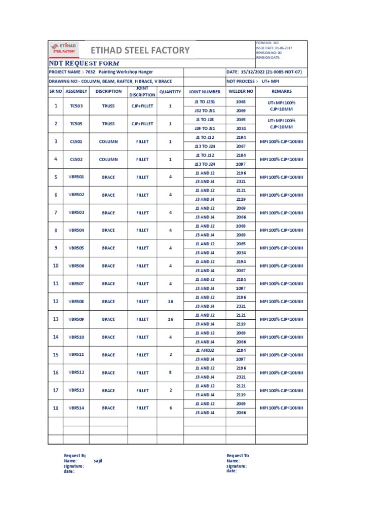 Etihad Steel Factory: NDT Request Form | PDF | Structural Engineering ...