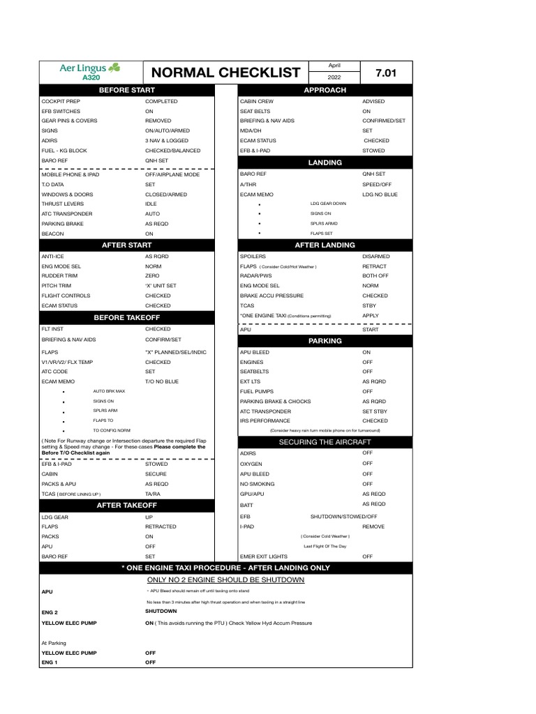 Aer Lingus Normal Checklist | PDF | Flap (Aeronautics) | Air Traffic ...