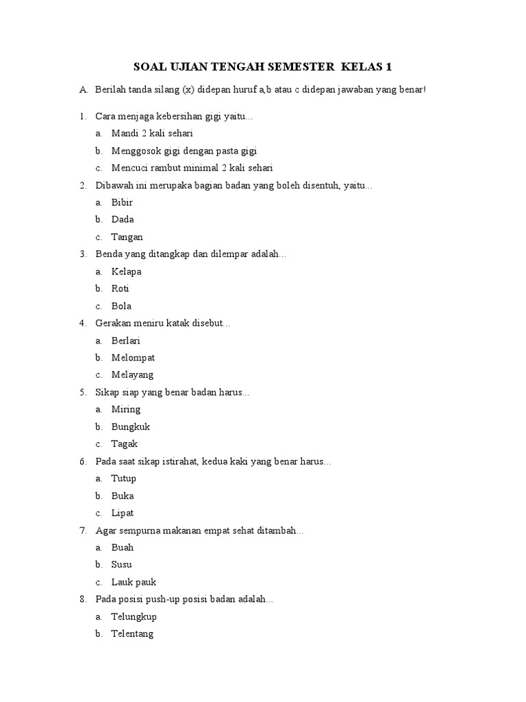 Soal Ujian Tengah Semester Kelas 1 | PDF