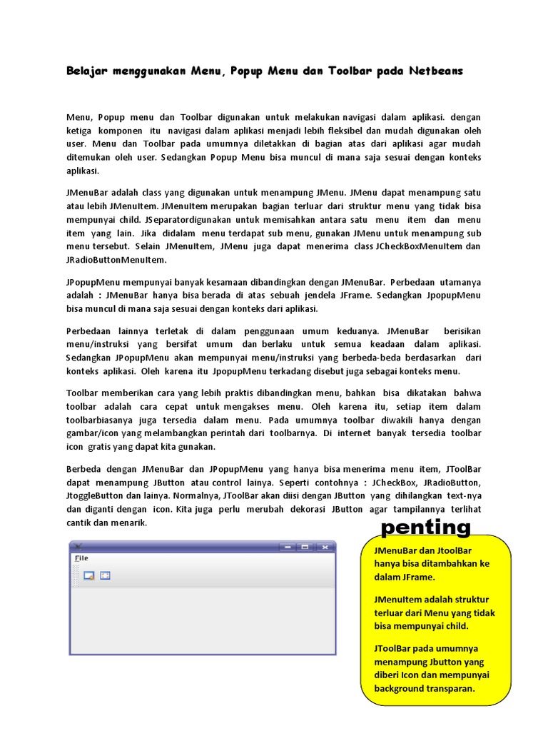 Belajar Menggunakan Menu, Popup Menu Dan Toolbar Pada Netbeans | PDF