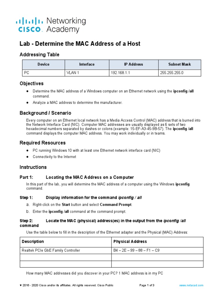 Joshua Jose Castromayor 5.4.5 Lab Determine The MAC Address of A Host Answered | PDF | Computer ...