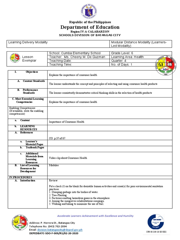 Grade 6 Consumer Health Lesson Plan | PDF | Learning