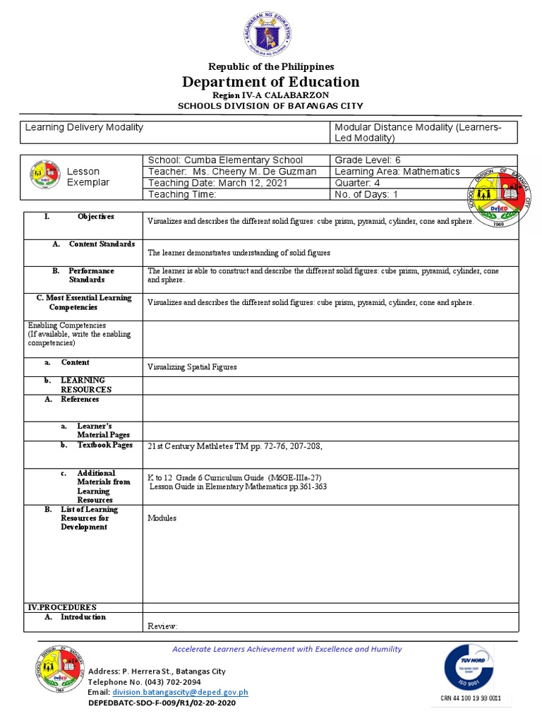 Lesson Exemplar in Mathematics | PDF