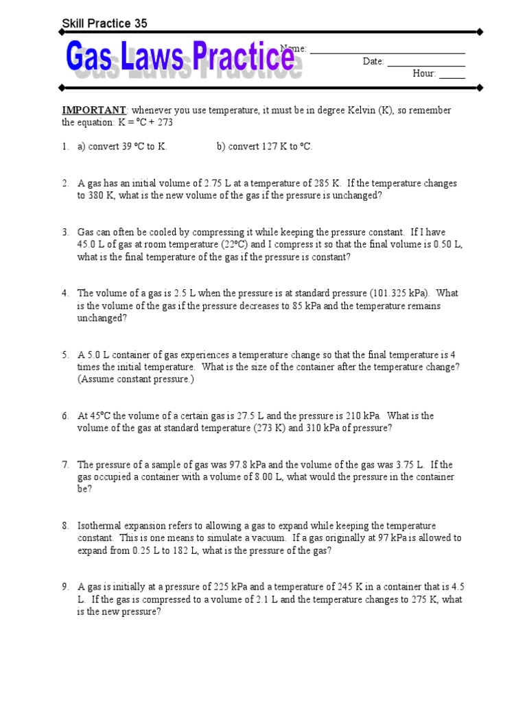 Gas Laws Practice Problems Worksheet | PDF | Gases | Oxygen