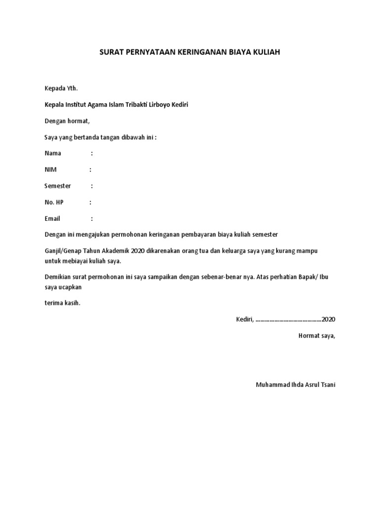 Surat Pernyataan Keringanan Biaya Kuliah | PDF