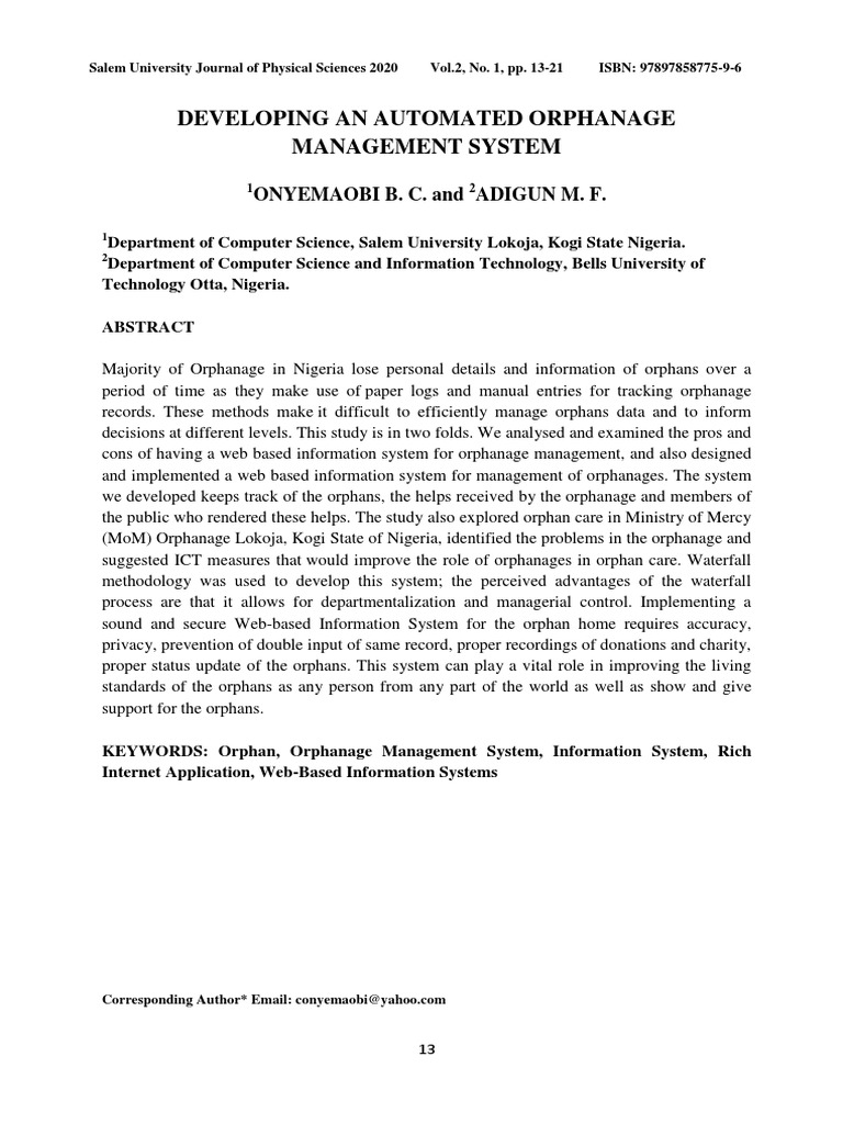 Developing An Automated Orphanage Management System | PDF | Databases | Computer Programming