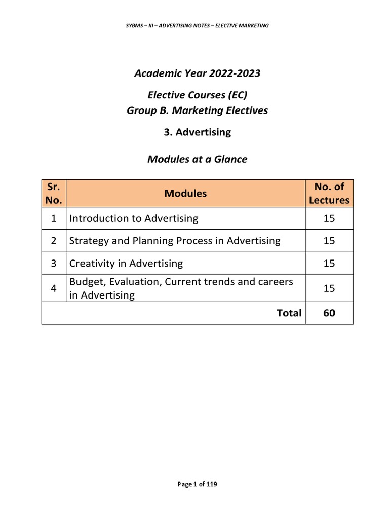 Advertising: Academic Year 2022-2023 Elective Courses (EC) Group B. Marketing Electives | PDF ...