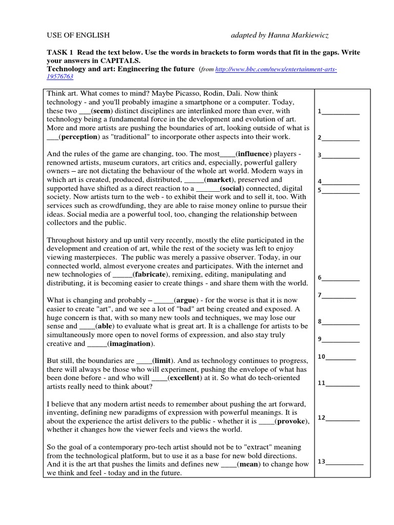 USE OF ENGLISH adapted text explores technology's influence on art ...