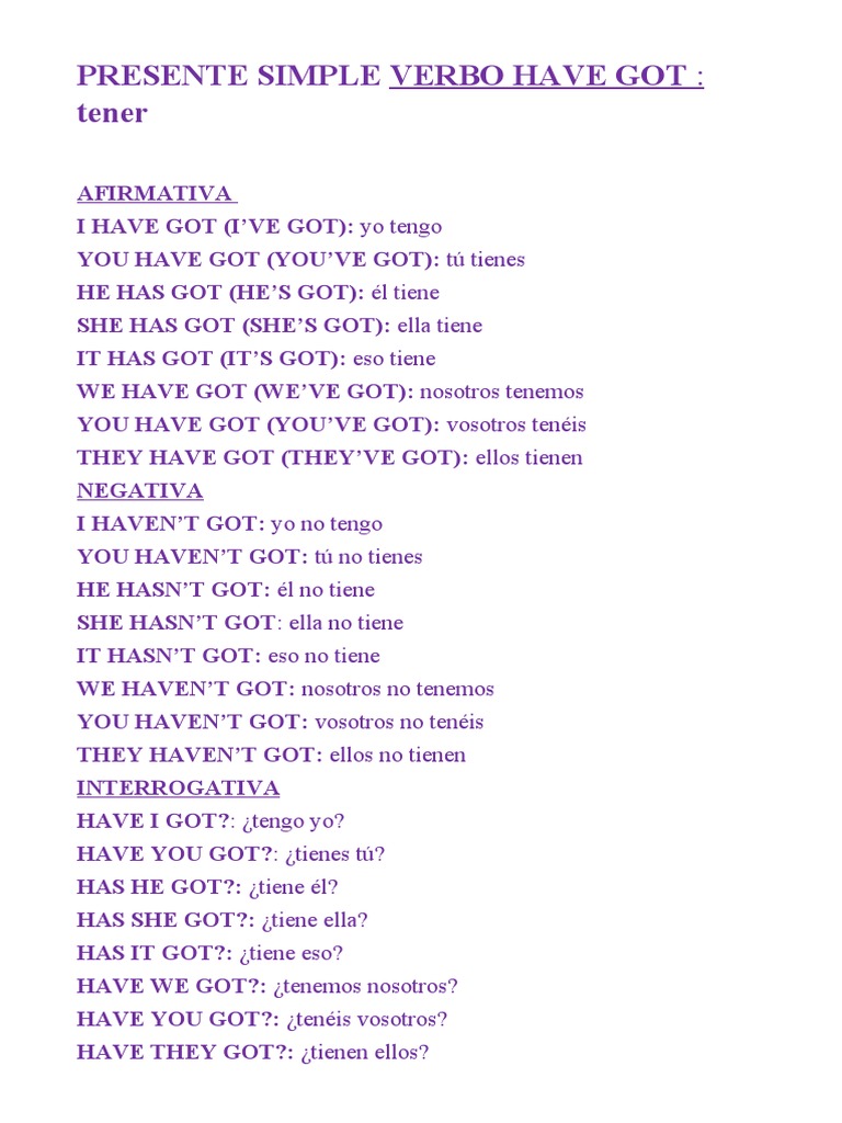 Presente Simple Verbo Have Got | PDF