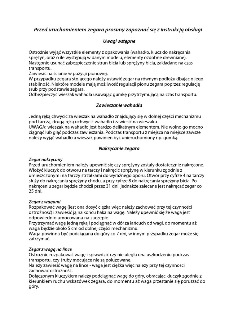 Instrukcja Obslugi Zegara Mechanicznego | PDF